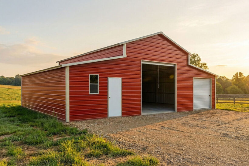 42x35 Enclosed Red Steel Barn - Keen's Buildings